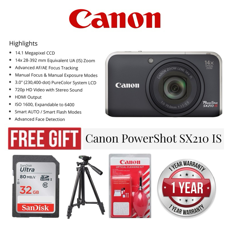 CANON POWERSHOT SX210 IS SUPER ZOOM 28-392mm DIGITAL CAMERA (1 YEARS WARRANTY) | Shopee Malaysia