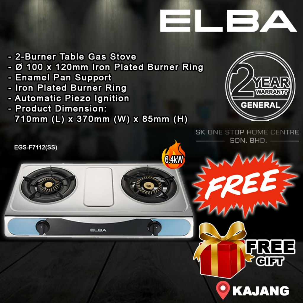 Elba EGS-F7112(SS) 2 Burner Stainless Steel Free Standing Gas Cooker ...