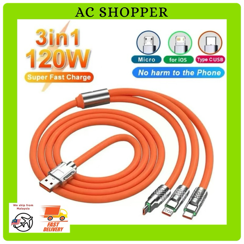 Ac shopper 3in1 cable fast charging 120w . 6A liquid silicone fast ...