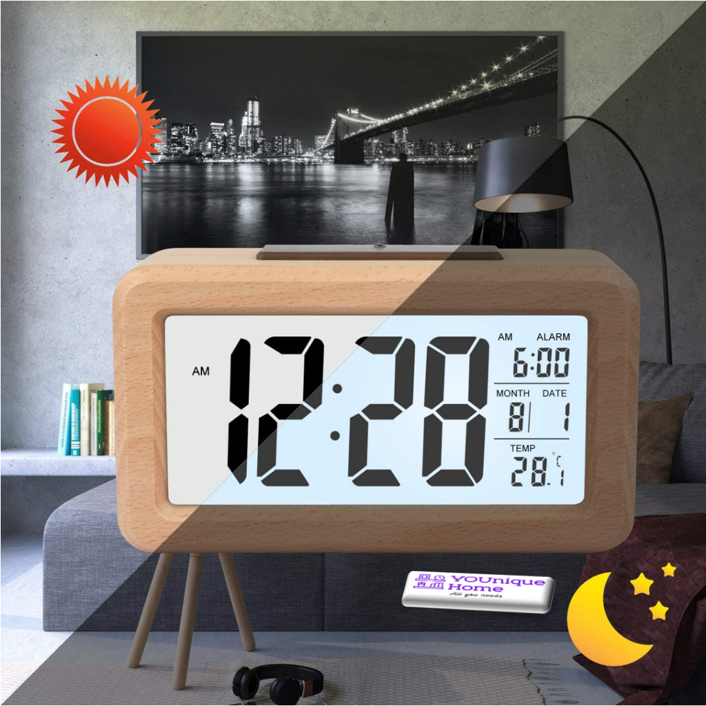 Wooden Digital Alarm Clock Large LCD Display Wood Smart Sensor Back Light Snooze Temperature ...