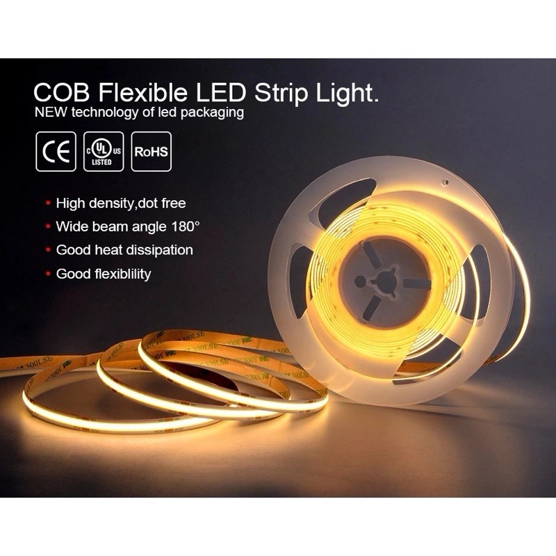 COB LED Strip Light 12V 320 LEDs/m 16.4ft High Density Flexible Tape ...