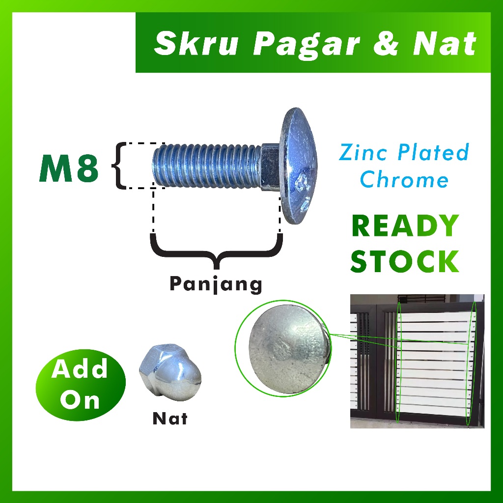 M8 GI GATE SCREW AND CAP NUT/CARRIAGE BOLT/SKRU PAGAR GATE | Shopee ...