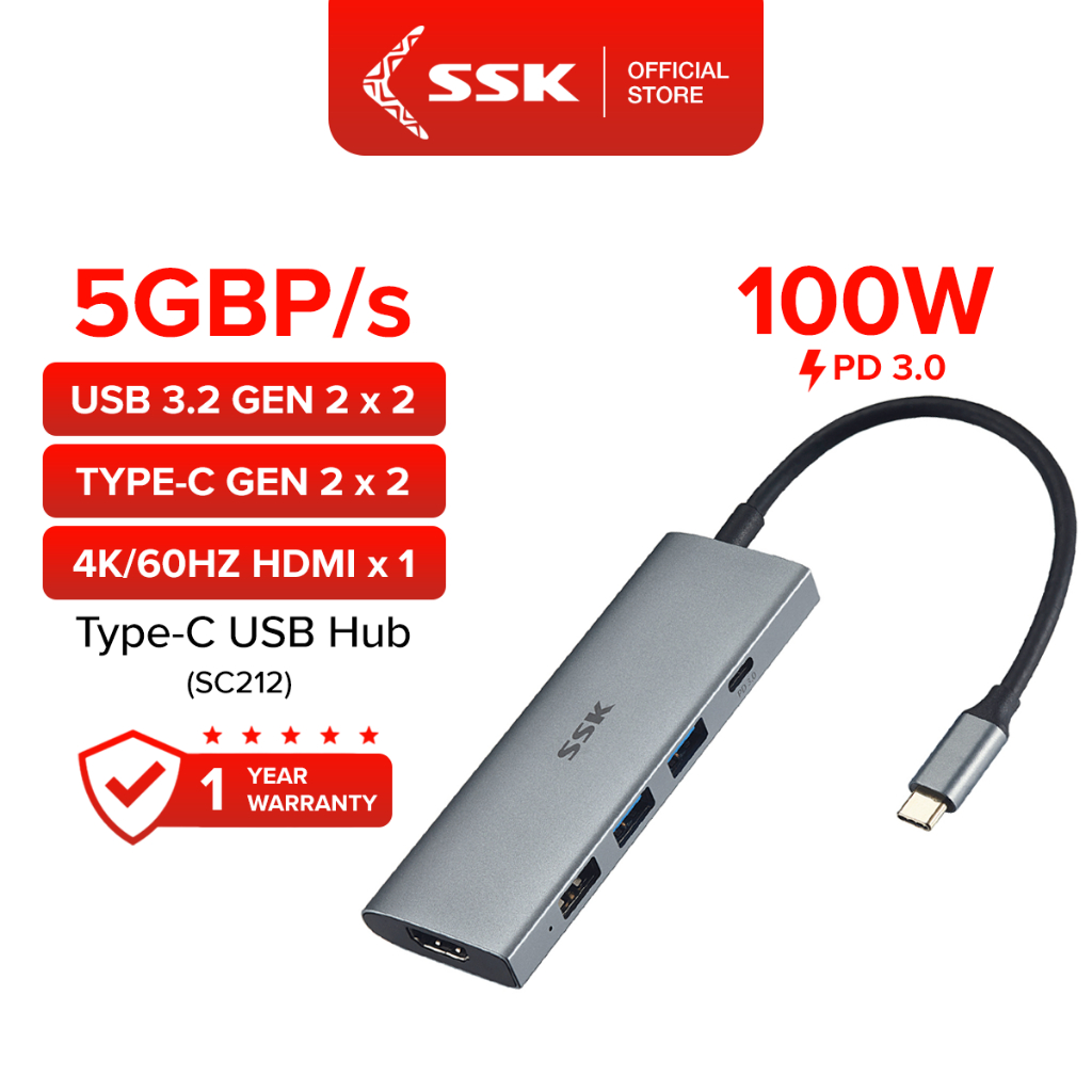 SSK 5 In 1 Gen 1 USB C Hub PD3.0 Charging HDMI (5Mb/s x 100W) SC212 ...