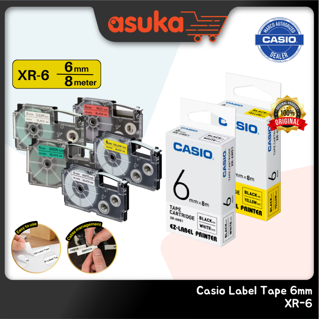 Casio XR-6 6mm EZ-label Tape Cartridge / XR-6X1 XR-6WE1 XR-6YW1 Genuine / XR-6GN1 / XR-6RD1 ...