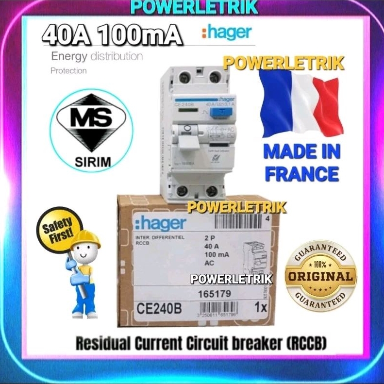 ORIGINAL HAGER CE240B 2 POLE 40A 100mA(0.1A) RESIDUAL CURRENT CIRCUIT BREAKER(RCCB)/ELCB WITH ...