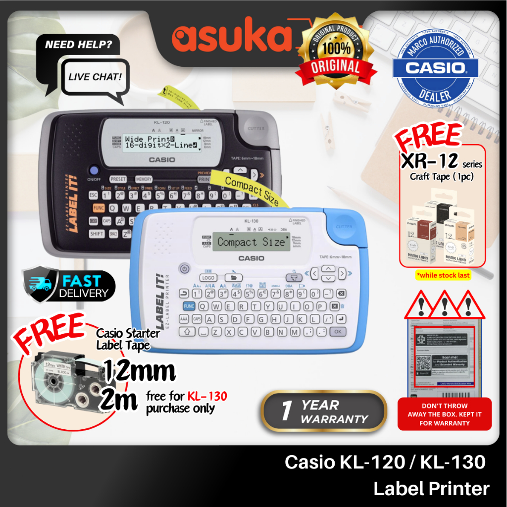 Casio Label It KL-120 18mm 2-Line Compact Label Printer(1 years ...