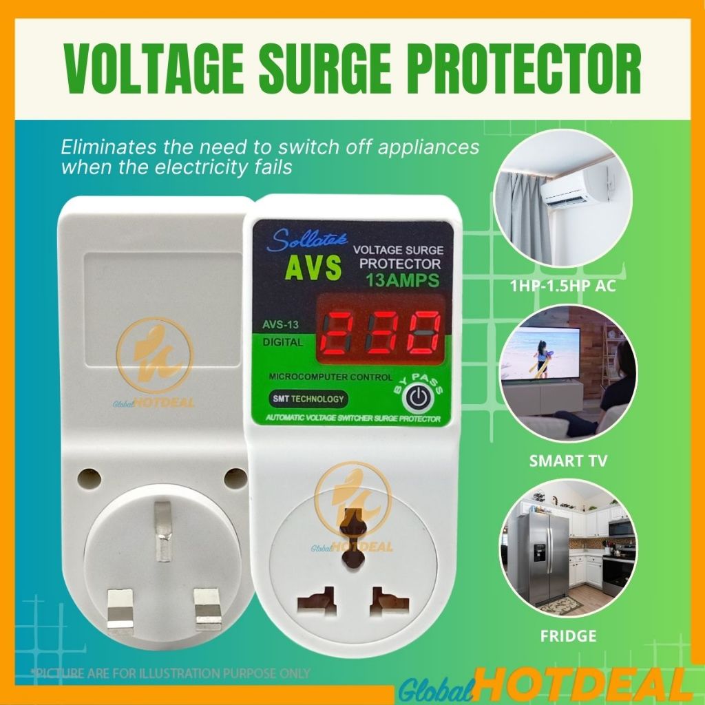 AVS 13A Digital Plug in Automatic Voltage Surge Protector Universal Socket Protect Fridge ...