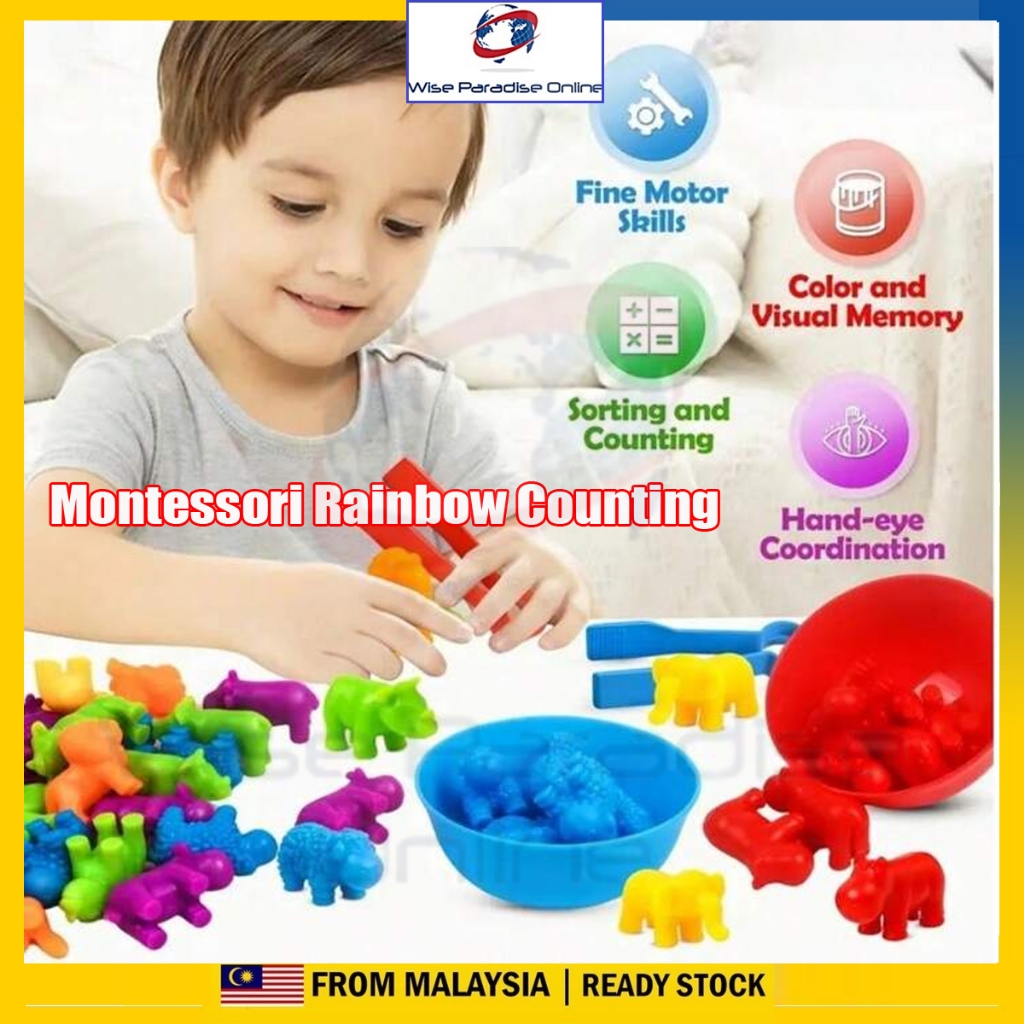Montessori Rainbow Counting Kids Sorting Toy Soft Rubber Dinosaur ...