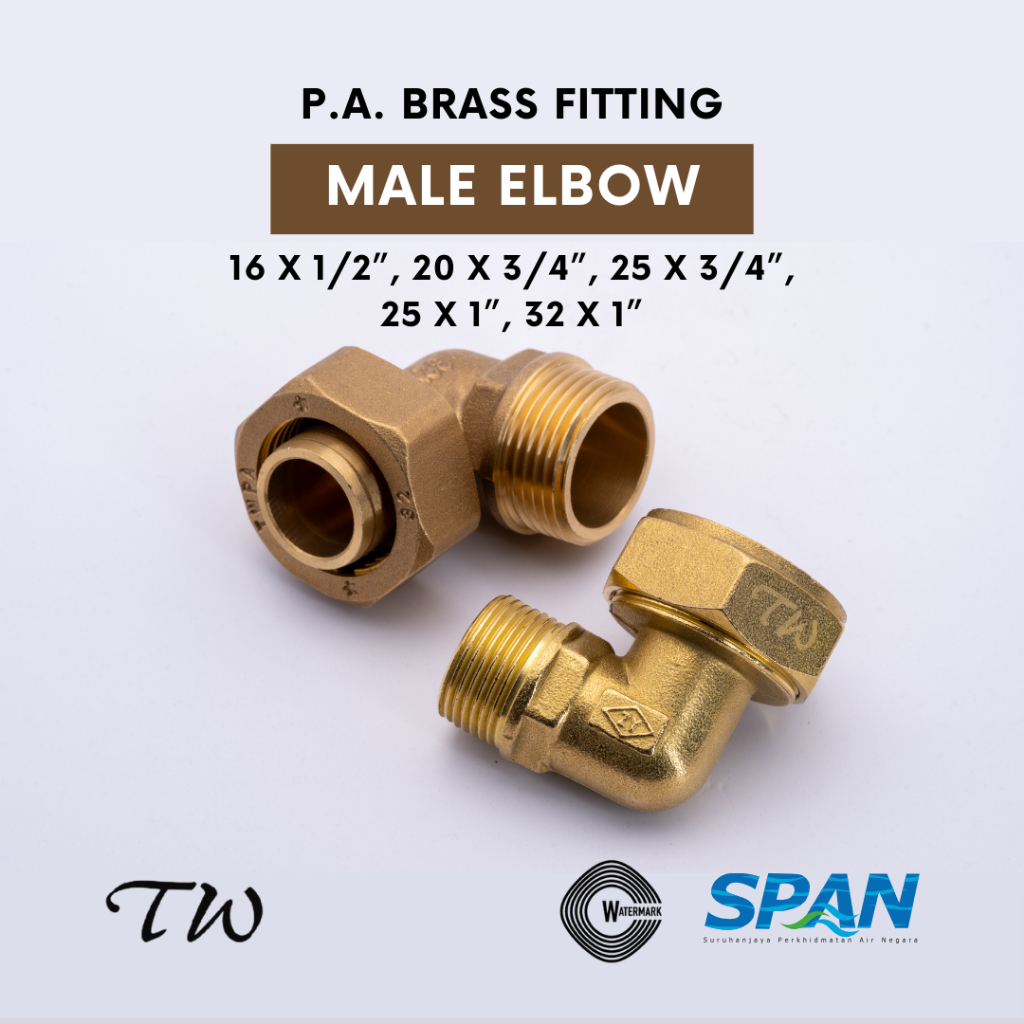 TW PA Pipe Fitting Brass Male Elbow - 16x1/2”, 20x3/4”, 25x3/4”, 25x1”, 32x1” (Watermark/ SPAN ...