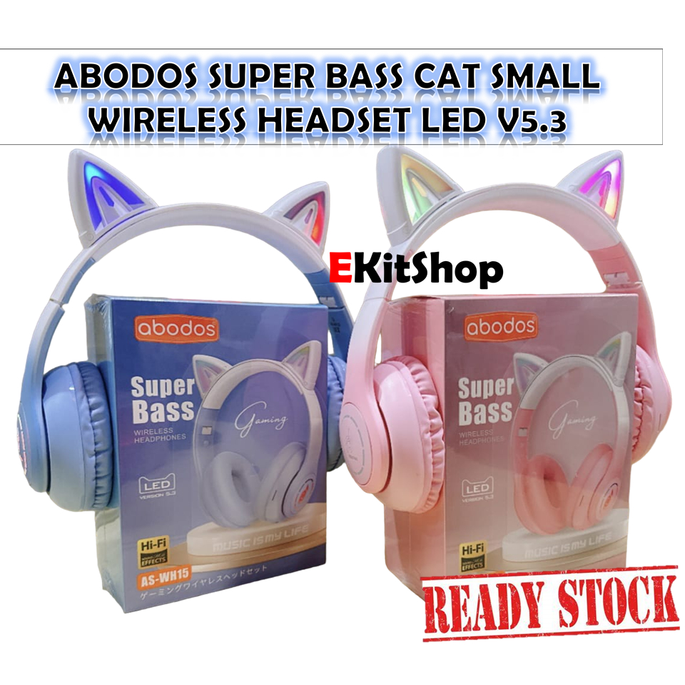 NEW ABODOS AS-WH15 SUPER BASS CAT SMALL WIRELESS HEADSET LED COLOURFUL ...