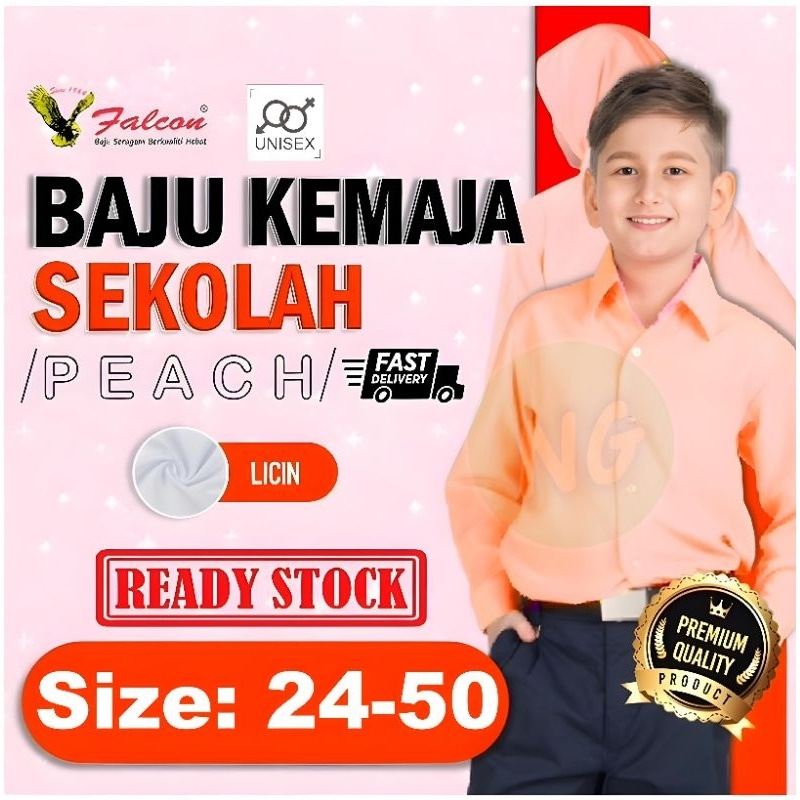 [ORIGINAL] [READY STOCK] FALCON BAJU KEMEJA SEKOLAH PEACH LENGAN PANJANG SIZE24-50 (LICIN/K324 ...