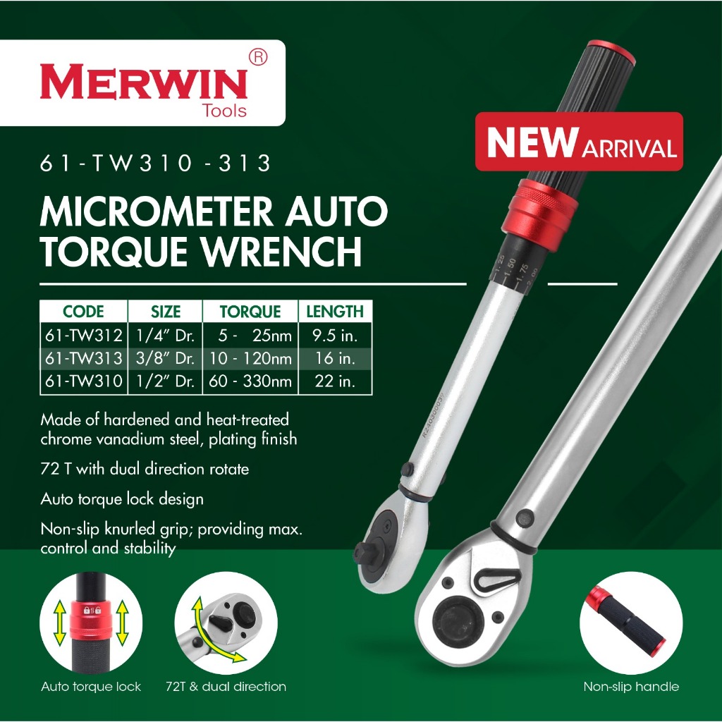 MERWIN Torque Wrench 60-330 FT-LB 1/2" 3/8" 1/4" ratchet adjust spanner ...