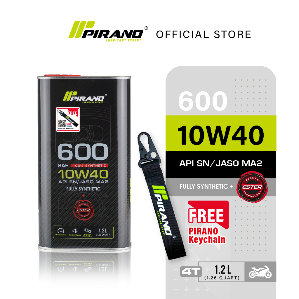 1.2L / PIRANO P600 10W40 Fully Synthetic Ester / 4T Motorcycle Engine Oil / API SN/JASO MA2 ...