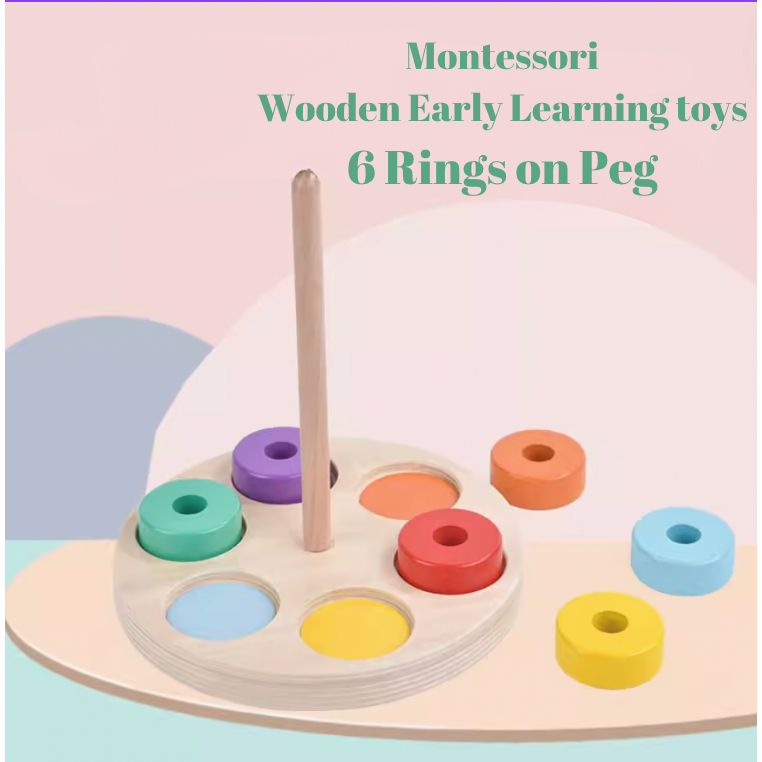 Montessori Early Learning Educational Wooden 6 Rings on Peg Toys for ...