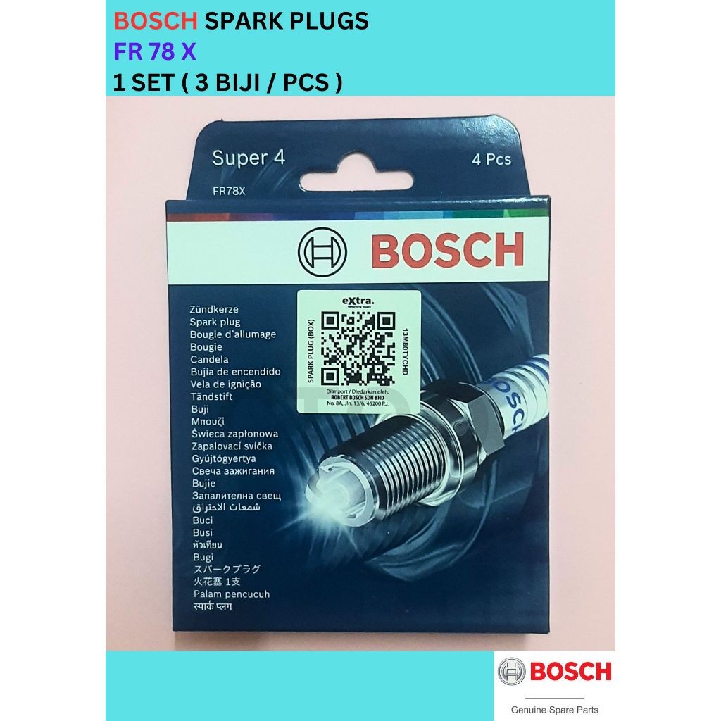 [ 1 SET = 3 PCS ] FR78X >>> 100% GENUINE BOSCH Super 4 Spark Plug Perodua Kelisa / Kenari / Viva ...