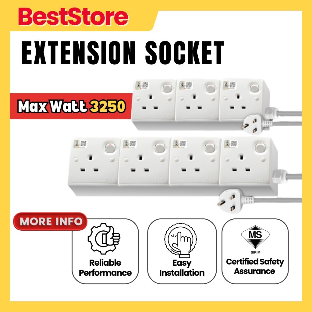 SIRIM Socket Extension Heavy Duty Extension Plug Heavy Duty Wire Trailing Socket Plug 2/3/4 Way ...
