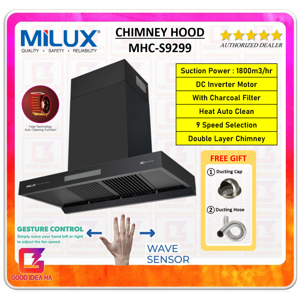 【FREE CAP + DUCTING】MILUX 1800 m³/hr DC Inverter Motor Chimney Hood MHC ...