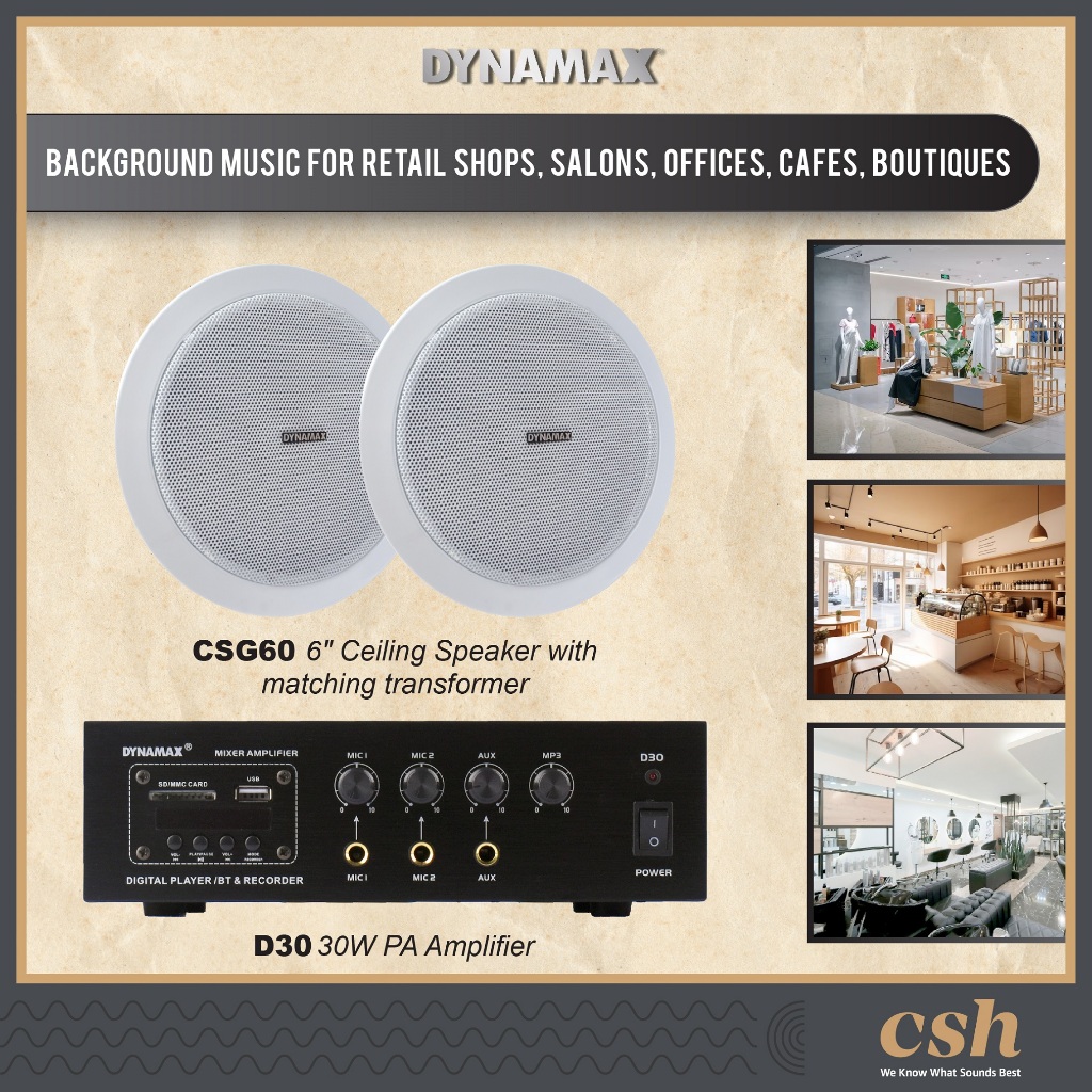 PA SYSTEM INDOOR DYNAMAX D30 30W PA Amplifier, CSG60 6" Ceiling Speake ...