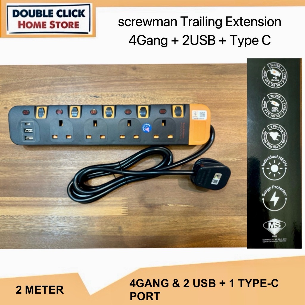 Usb Type C Screwman 4g Extension Wire Trailing Socket Extension With Surge Protection Fast Charg
