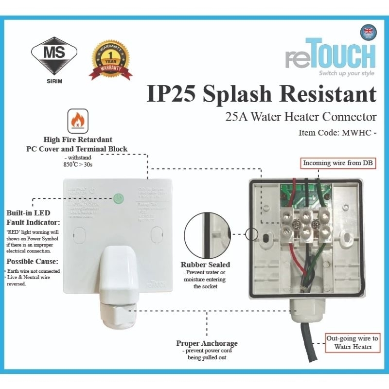 RETOUCH 25A WATER HEATER CONNECTOR SOCKET/IP25 SPLASH PROOF WITH FAULT ...