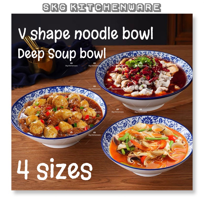 {4 Sizes} Microwave Safe Traditional Blue And White Ceramic V Shape ...