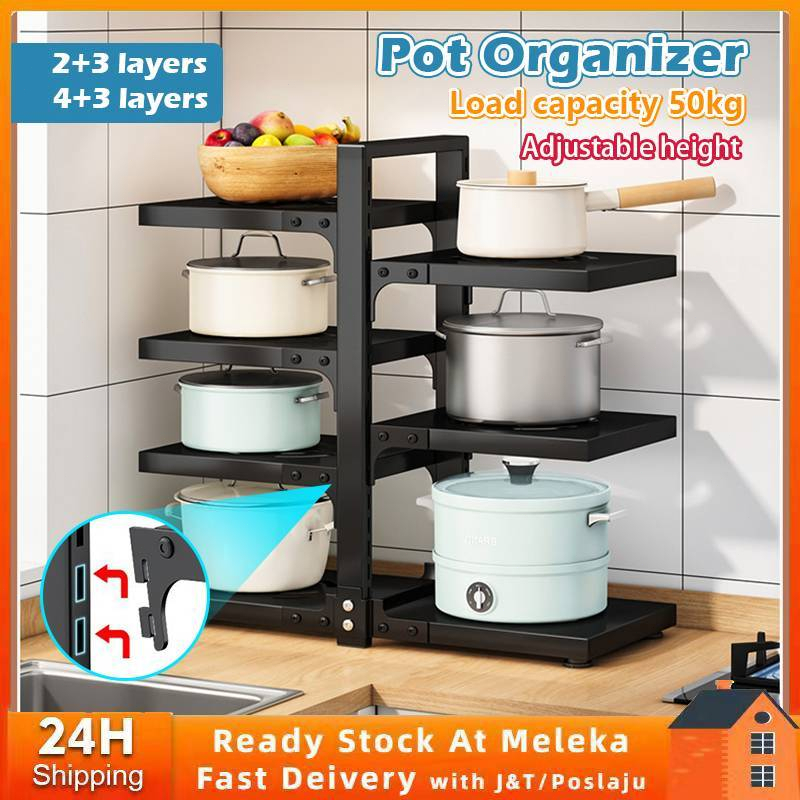 Kitchen Rack 2-5 Tiers Adjustable Pot And Pan Rack Organizer Rak Bawah ...