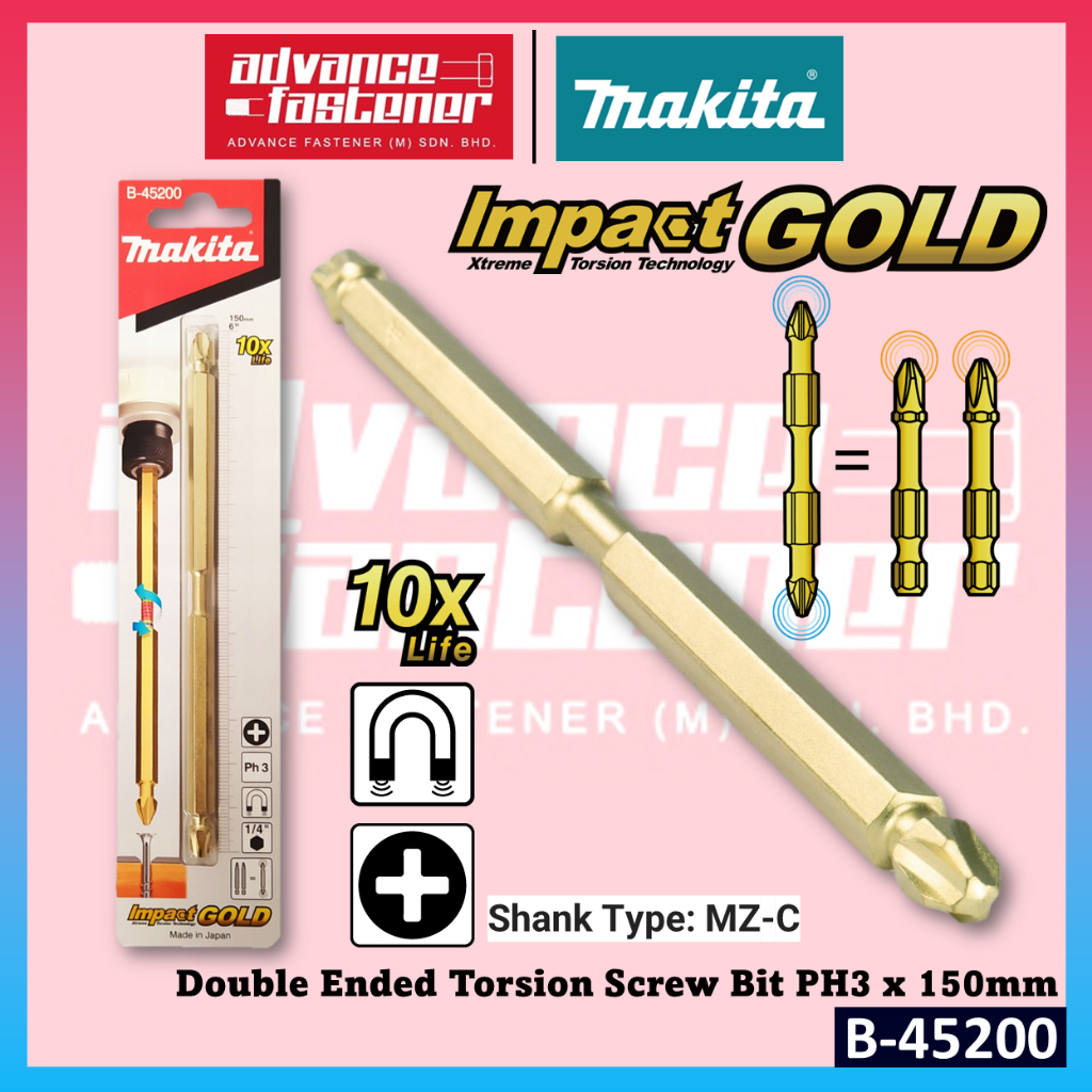 Makita B-45200 IMPACT GOLD Double Ended Torsion Screw Bit PH3 x 150mm ...