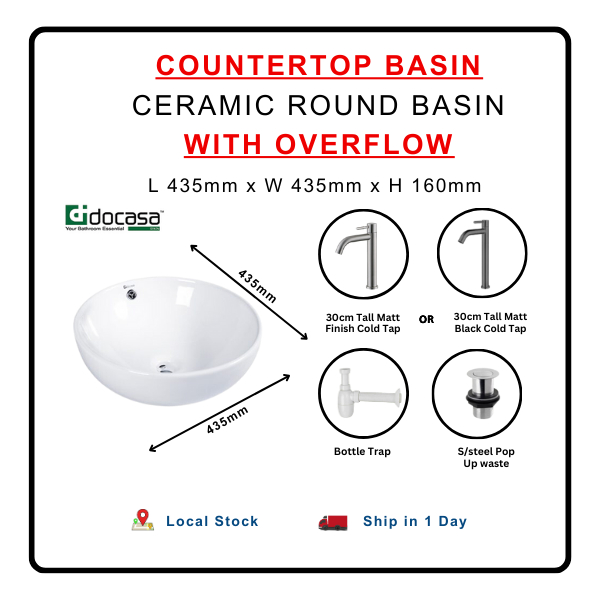DOCASA 435mm White Ceramic Round Counter Top Wash Basin comes with ...