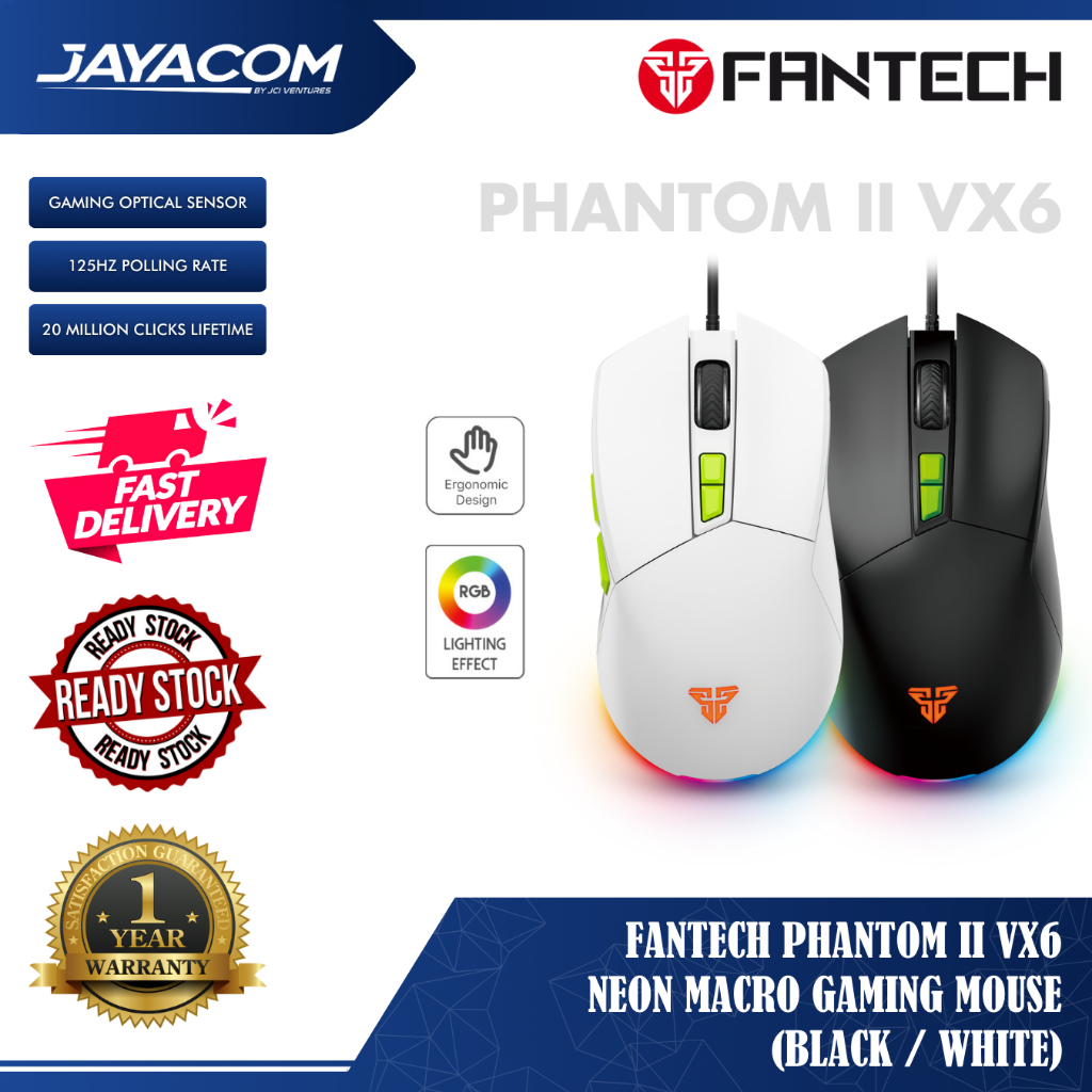 Fantech Phantom II VX6 Neon Macro Gaming Mouse with Ergonomic Design & RGB Lighting Effects ...