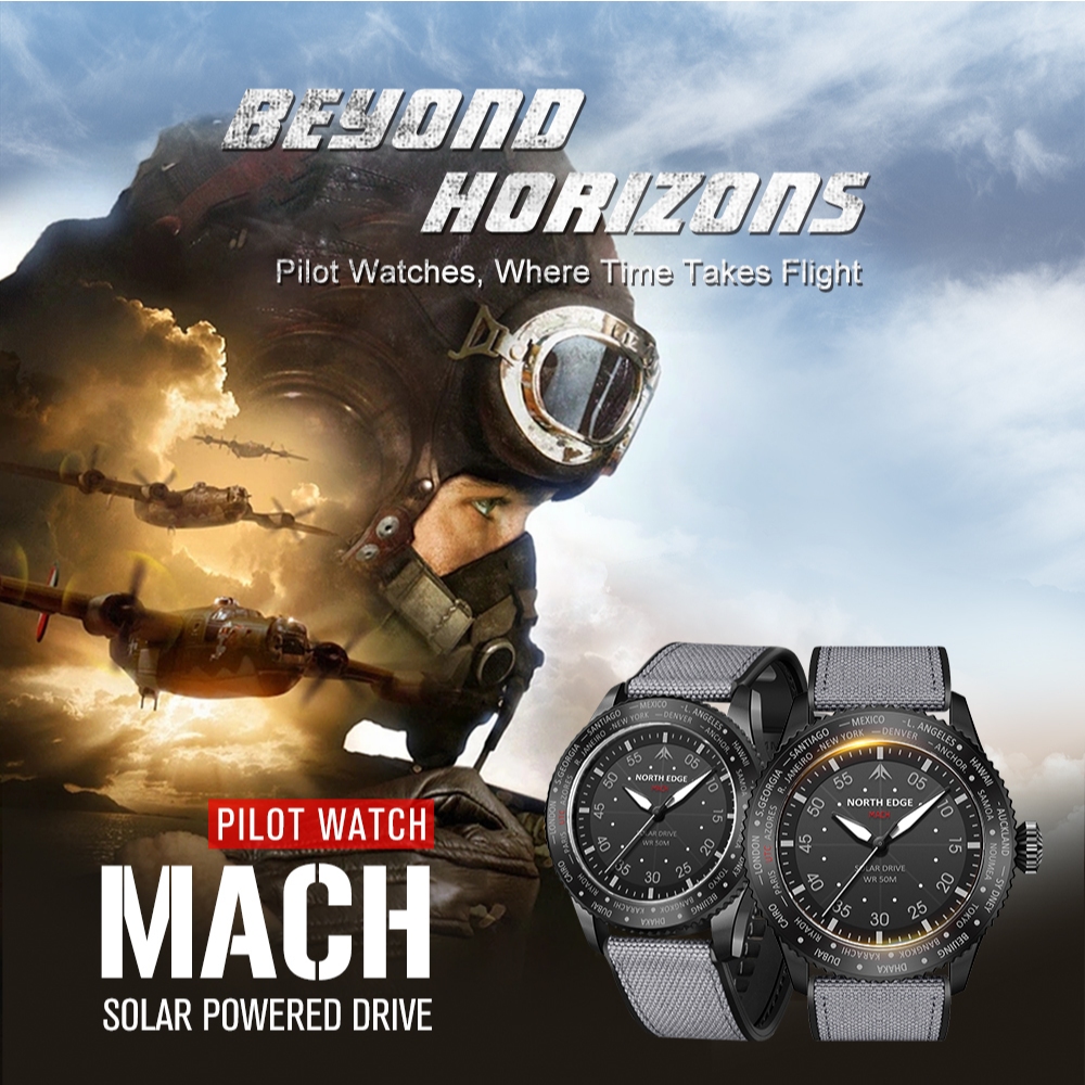 NORTH EDGE MACH Men's Solar Powered Quartz Watch Waterproof 50M Sport ...