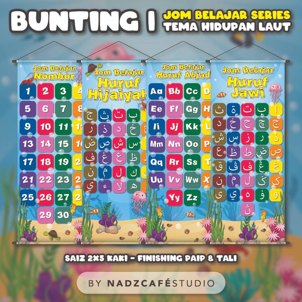 Bunting Jom Belajar Nombor, Abjad, Huruf Hijaiyah, Huruf Jawi (Tema ...