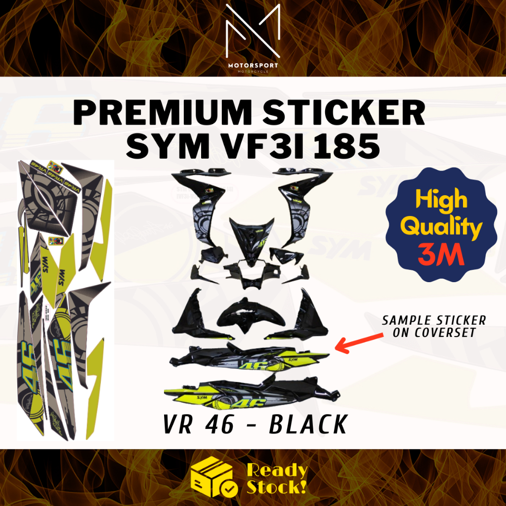SYM VF3i 185 Sticker Coverset 3M Stripe Sticker Kaverset Black VR 46 3M ...