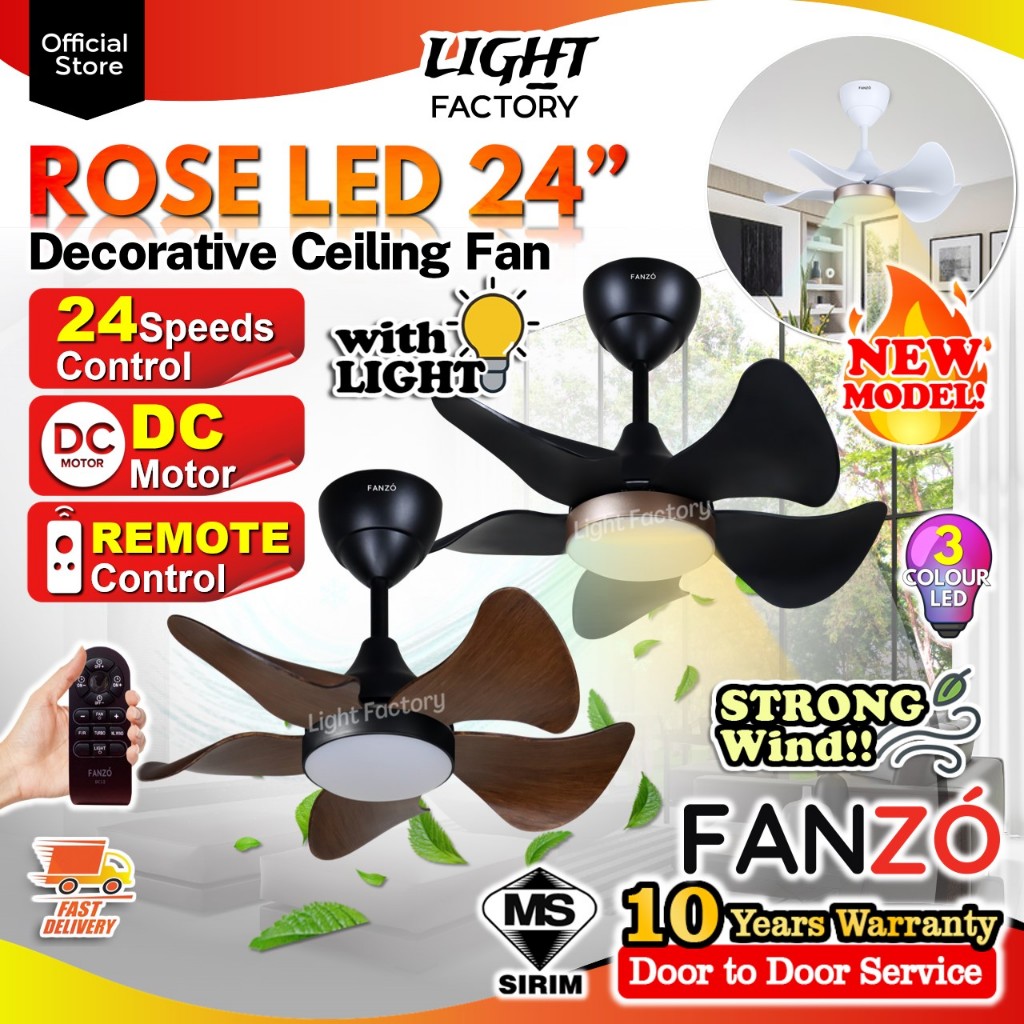 🔥NEW🔥FANZO ROSE LED 24'' 5 Blades Ceiling Fan 3 Colour LED DC Motor 24 ...