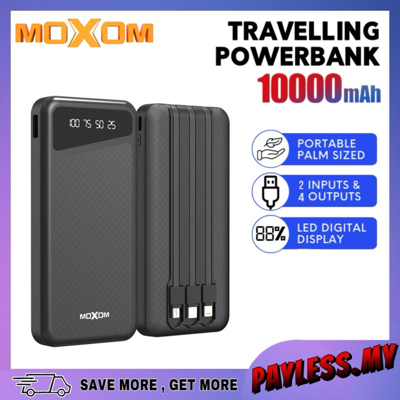 MOXOM PB68 10000mAh Built-in 3 Wired Cable Powerbank Multiple Ports ...