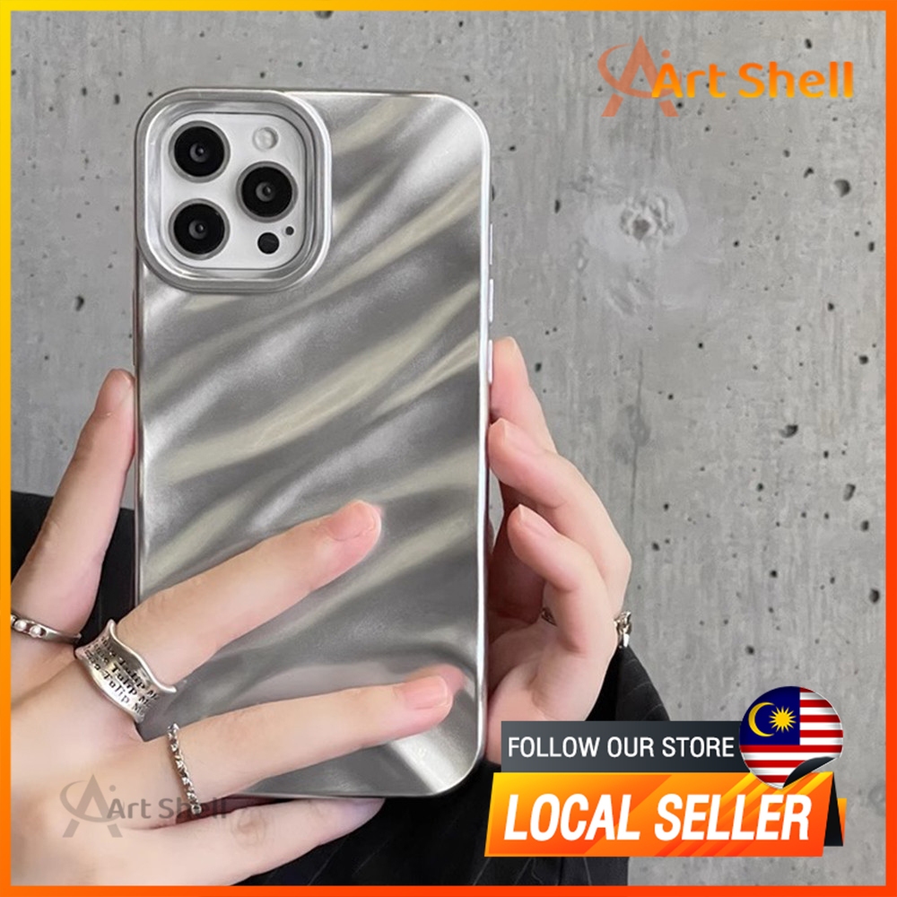 Silver Pleats Casing Compatible for iPhone 14 13 12 11 15 Pro Max 3D ...