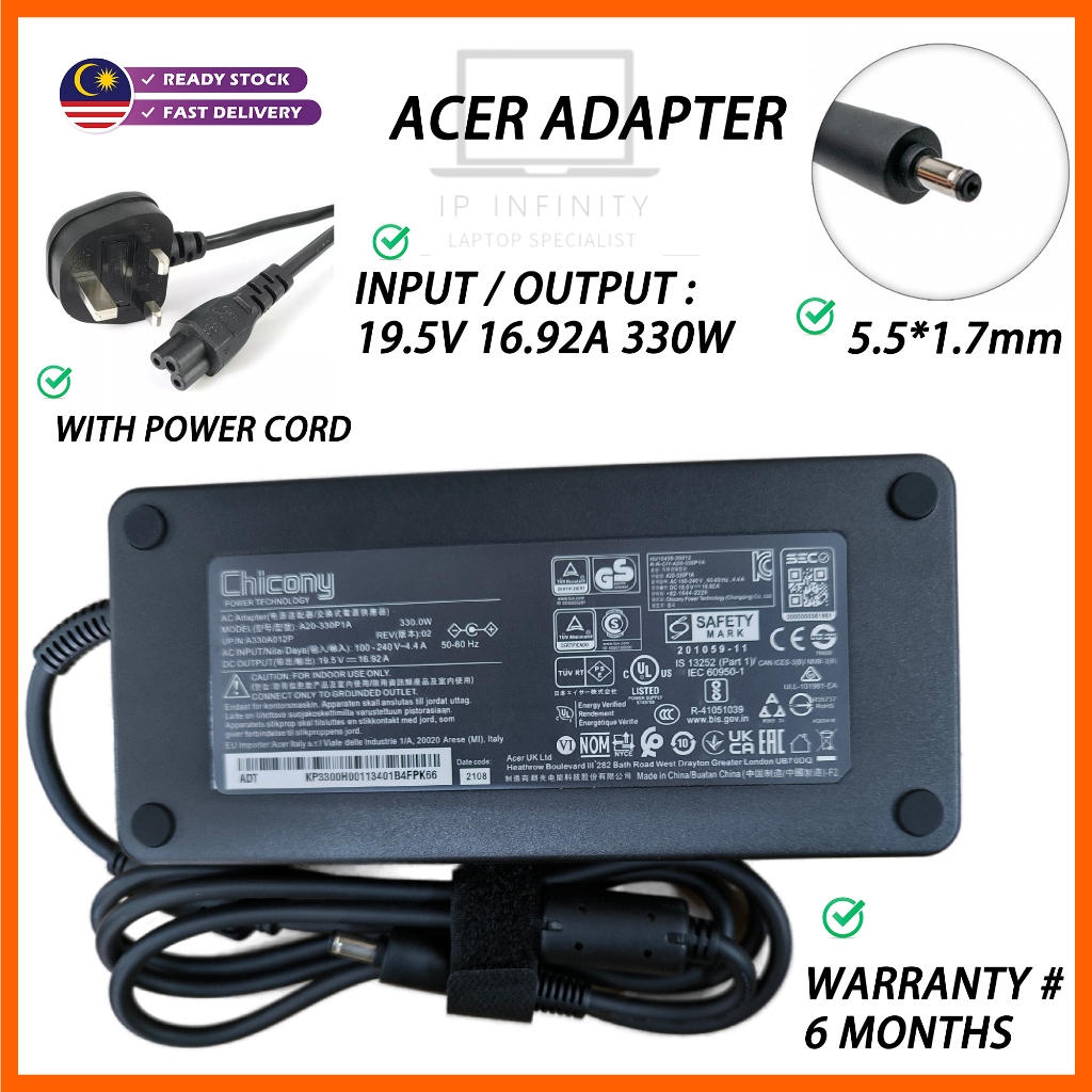 ACER 19.5V 16.92A 5.5*1.7MM 330W PREDATOR HELIOS 300 500 LAPTOP CHARGER ADAPTER | Shopee Malaysia