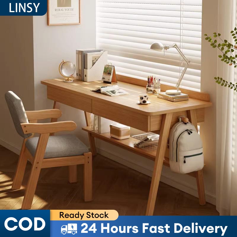 LY Solid Wood Desk with storage drawers Double layer Office Computer ...