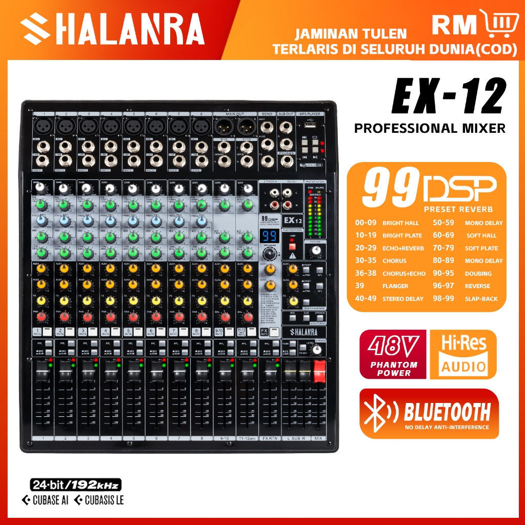Mixer 12 channel mixer with usb/mp3/48v phantom power, built-in 99 dsp ...