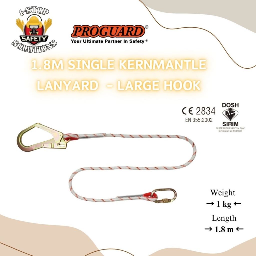 Proguard 1.8m Single Kernmantle Lanyard with Large Hook and Carabiner ...