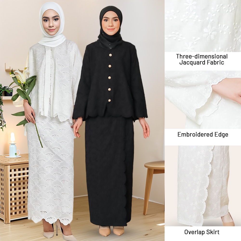 Sulam Baju Kebaya Moden Cotton Baju Kurung Putih/Kitam Pleated Kurung ...