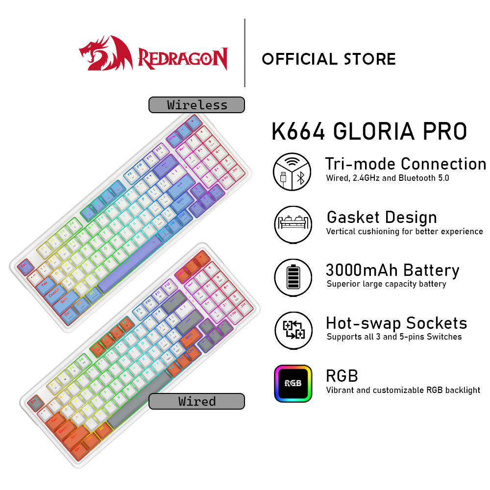 Redragon K664 Gloria PRO Gasket Tri-mode Wireless 94keys Mechanical ...