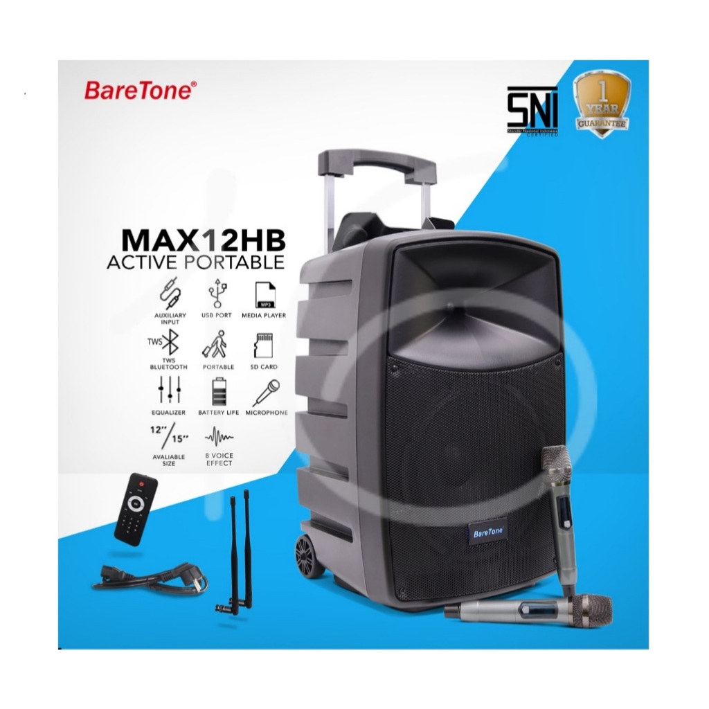 Baretone MAX12HB 12" Portable Speaker with Two UHF Wireless Microphone ...