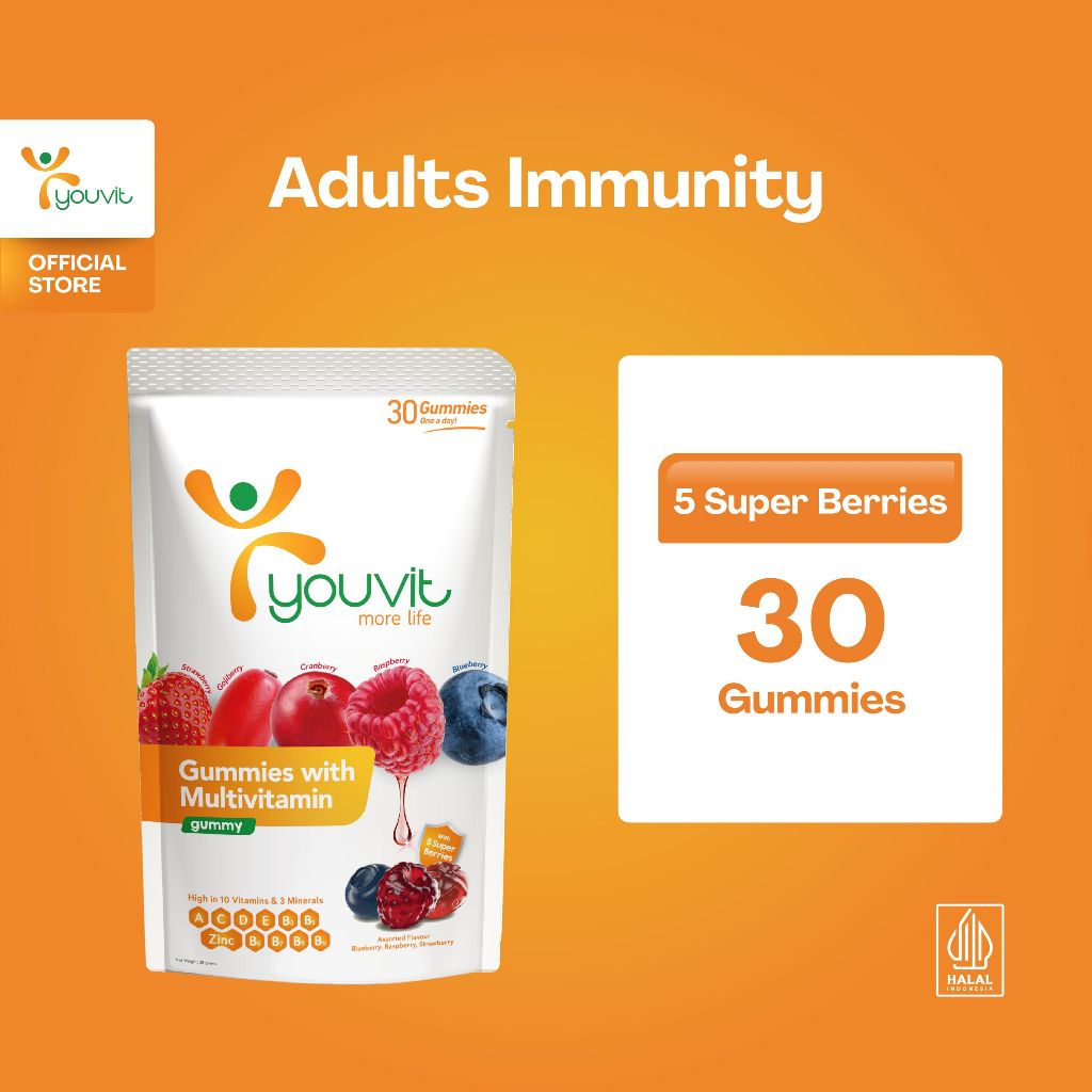 Youvit Adults Multivitamin Gummy 30 Days (30 Pcs) dengan Vitamin C, D ...
