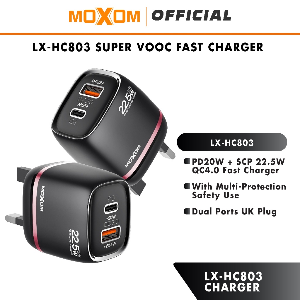 MOXOM PD20W + SCP 22.5W QC4.0 Dual Port Fast Charger UK Plug 3 Pin VOOC ...