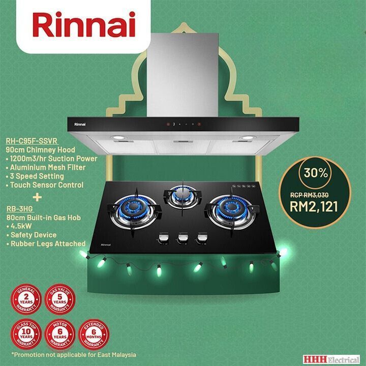 Rinnai Cooker Hood 90cm RH-C95F-SSVR With 3 Speed Setting + Rinnai Built-in Gas Hob 4.5kW 80cm ...