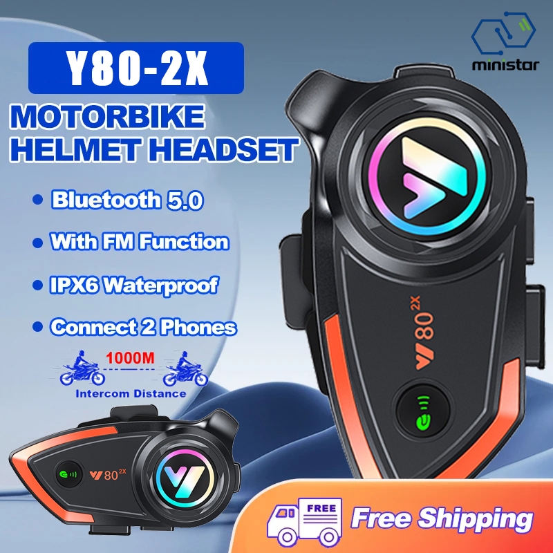 Y80-2X Motorcycle Helmet Bluetooth Headset BT 5.0 IP67 Waterproof Relief 1000M Dual Rider ...