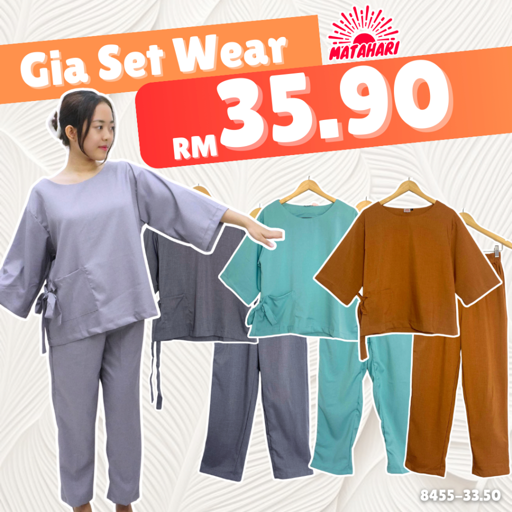 MATAHARI Set Baju & Seluar Cotton Linen Wanita Gia Set wear Murah Women ...
