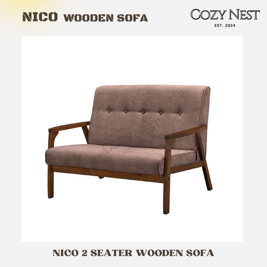 COZY NEST NICO 2 Seater Wooden Sofa/Solid Wood Frame/Thick and ...