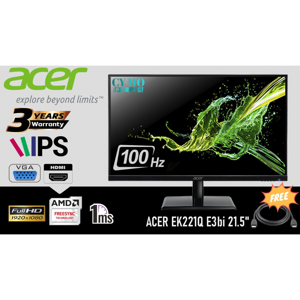 Acer EK221Q 21.5" FHD-100hz / E200Q 19.5" HD-60hz LED Monitor With HDMI+VGA INPUT ** FREE:- HDMI ...