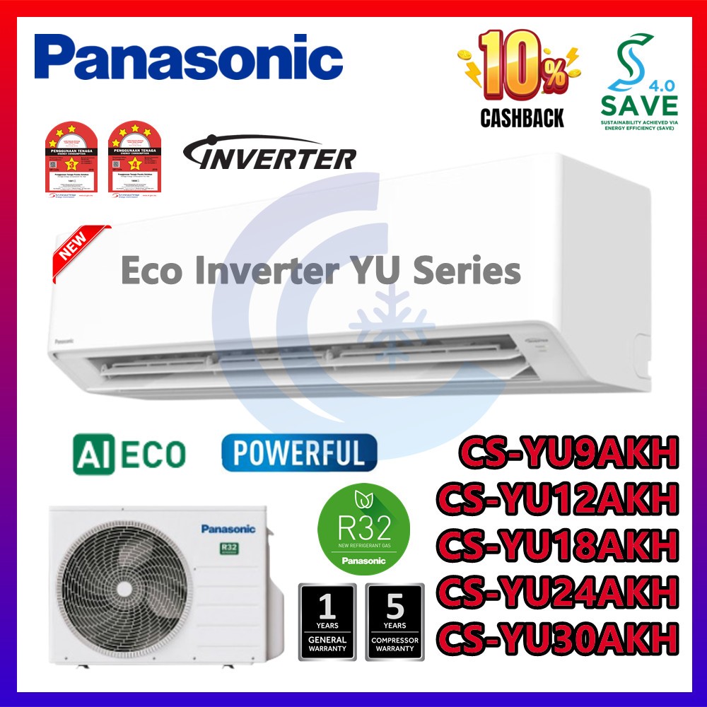 Panasonic R32 3STAR Eco Inverter Air Cond (YU) 1HP - 3HP CS-YU9AKH ...